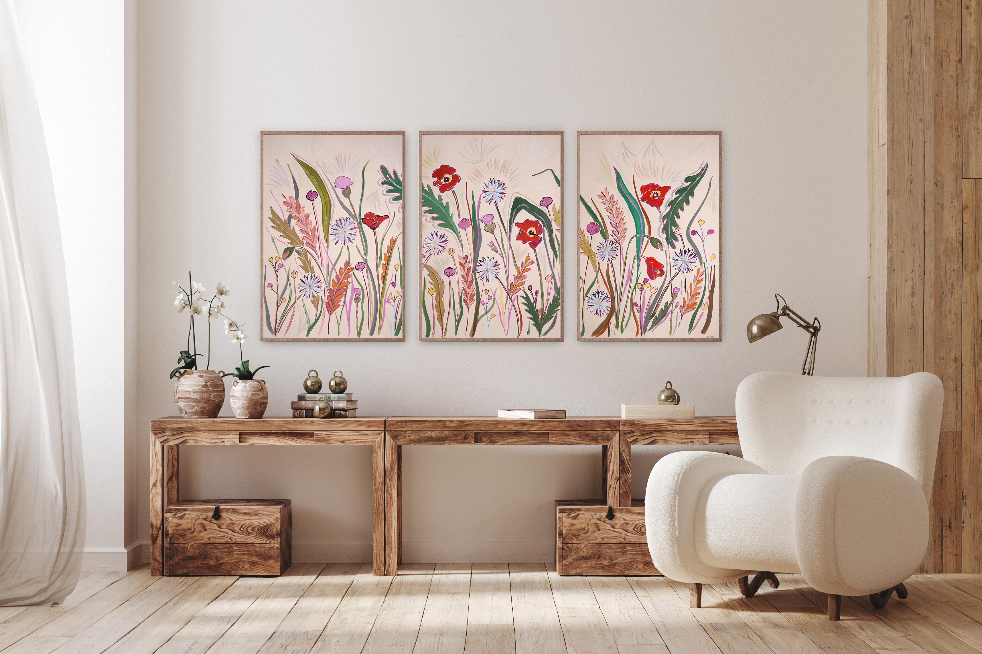 Romina Milano - Wild Dandelion Field Landscape, Red Poppy Flowers Triptych, Illustration Style ...