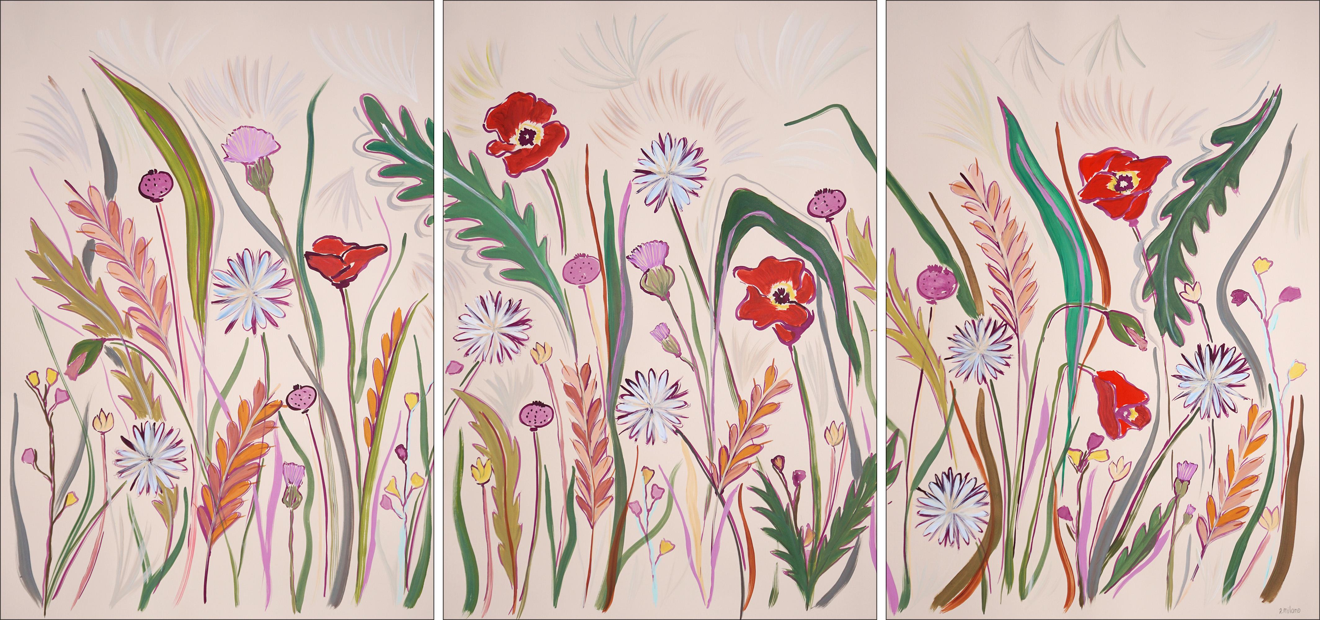 Romina Milano - Wild Dandelion Field Landscape, Red Poppy Flowers Triptych, Illustration Style ...
