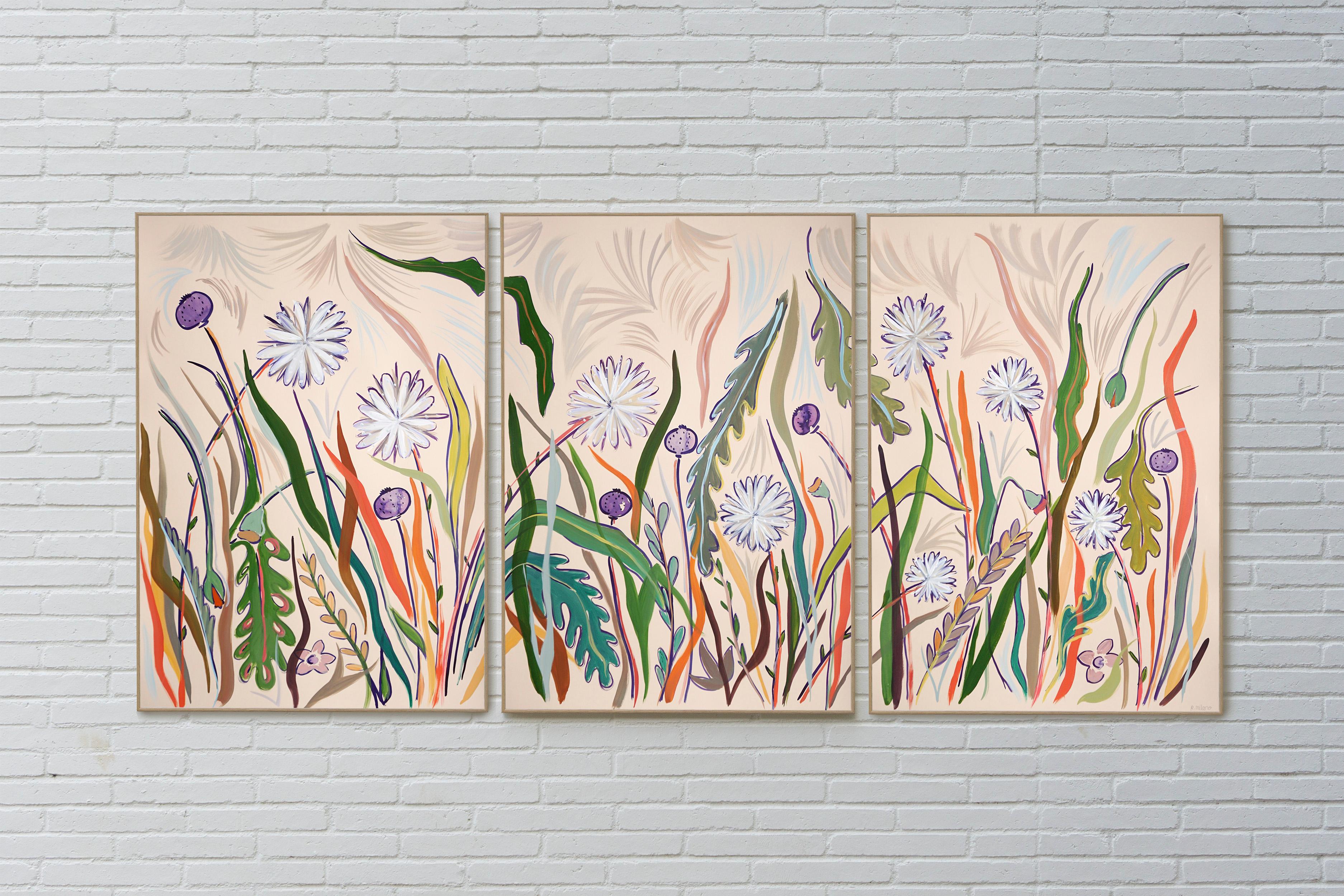 Romina Milano - Wild Dandelion Field, Large Triptych of Wild Flowers, Illustration Style, Nature ...