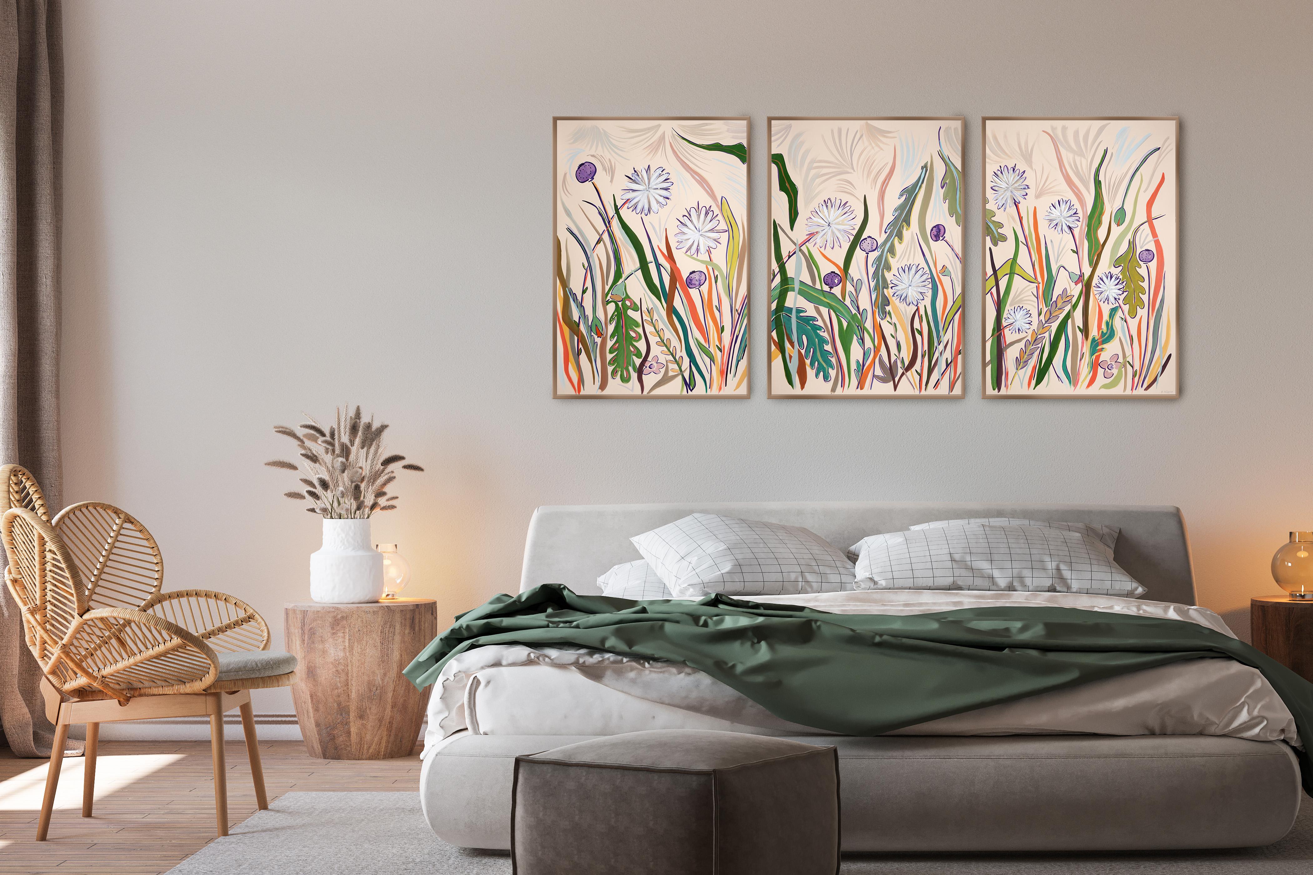 Romina Milano - Wild Dandelion Field, Large Triptych of Wild Flowers, Illustration Style, Nature ...