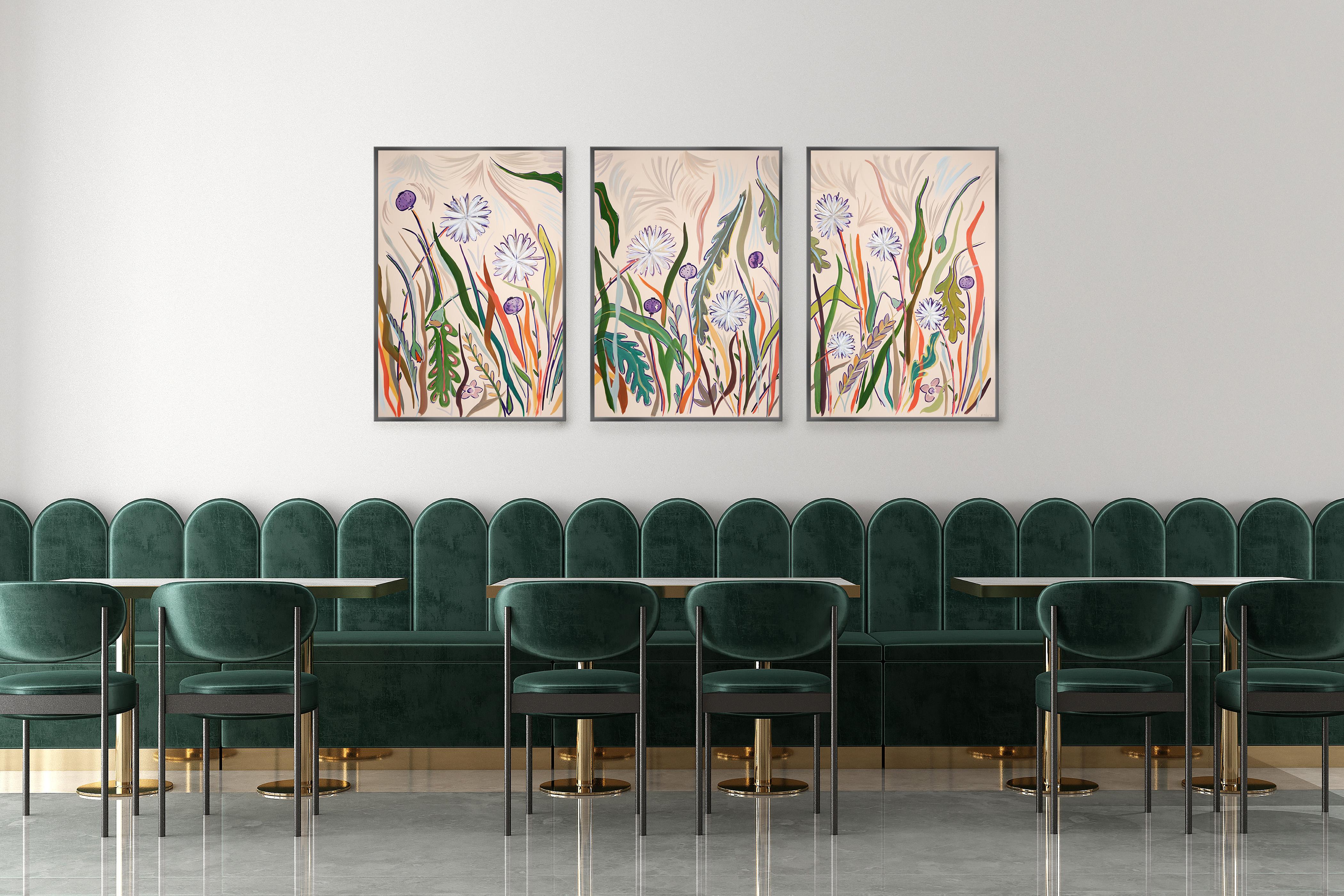 Romina Milano - Wild Dandelion Field, Large Triptych of Wild Flowers, Illustration Style, Nature ...