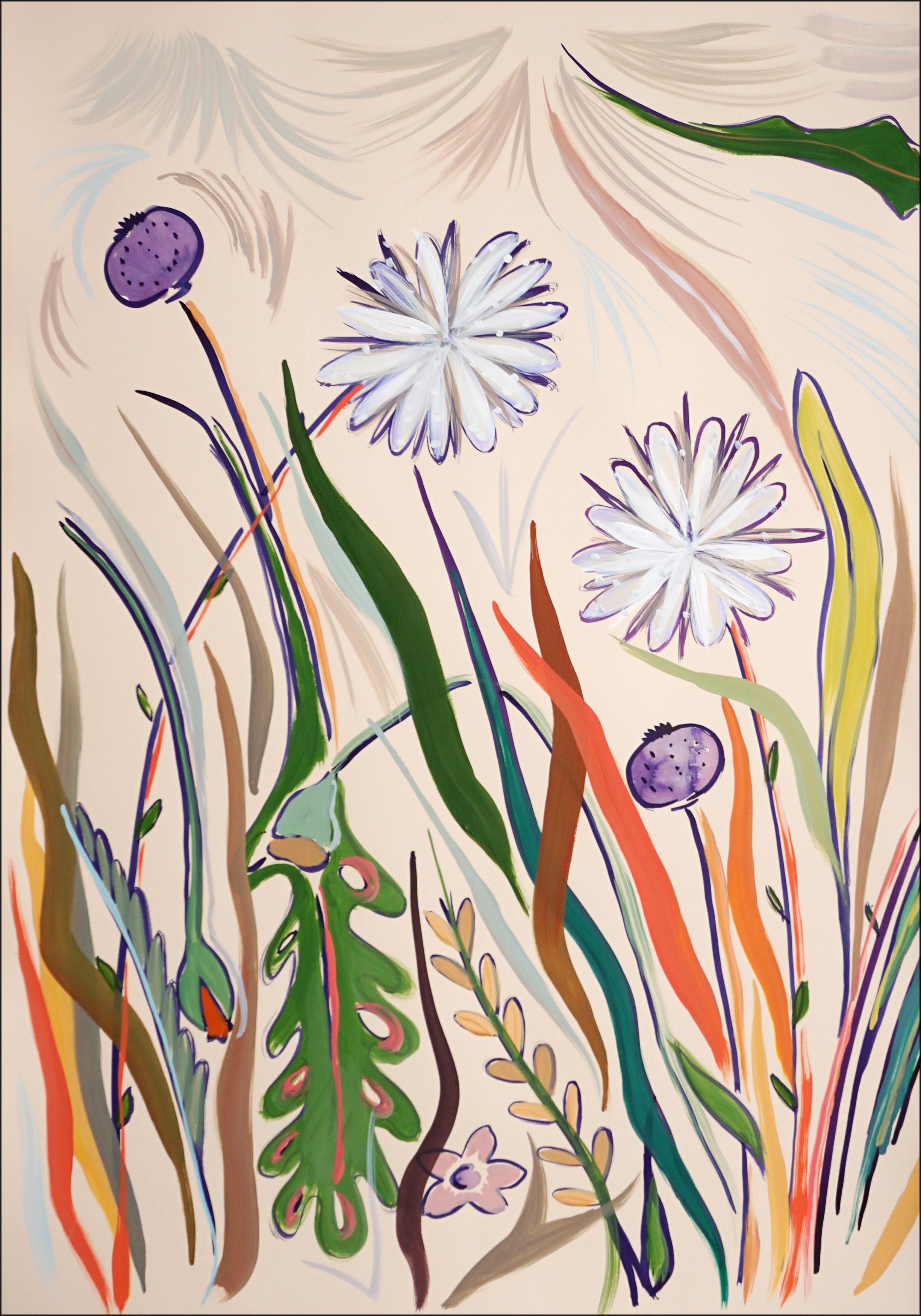 Romina Milano - Wild Dandelion Field, Large Triptych of Wild Flowers, Illustration Style, Nature ...