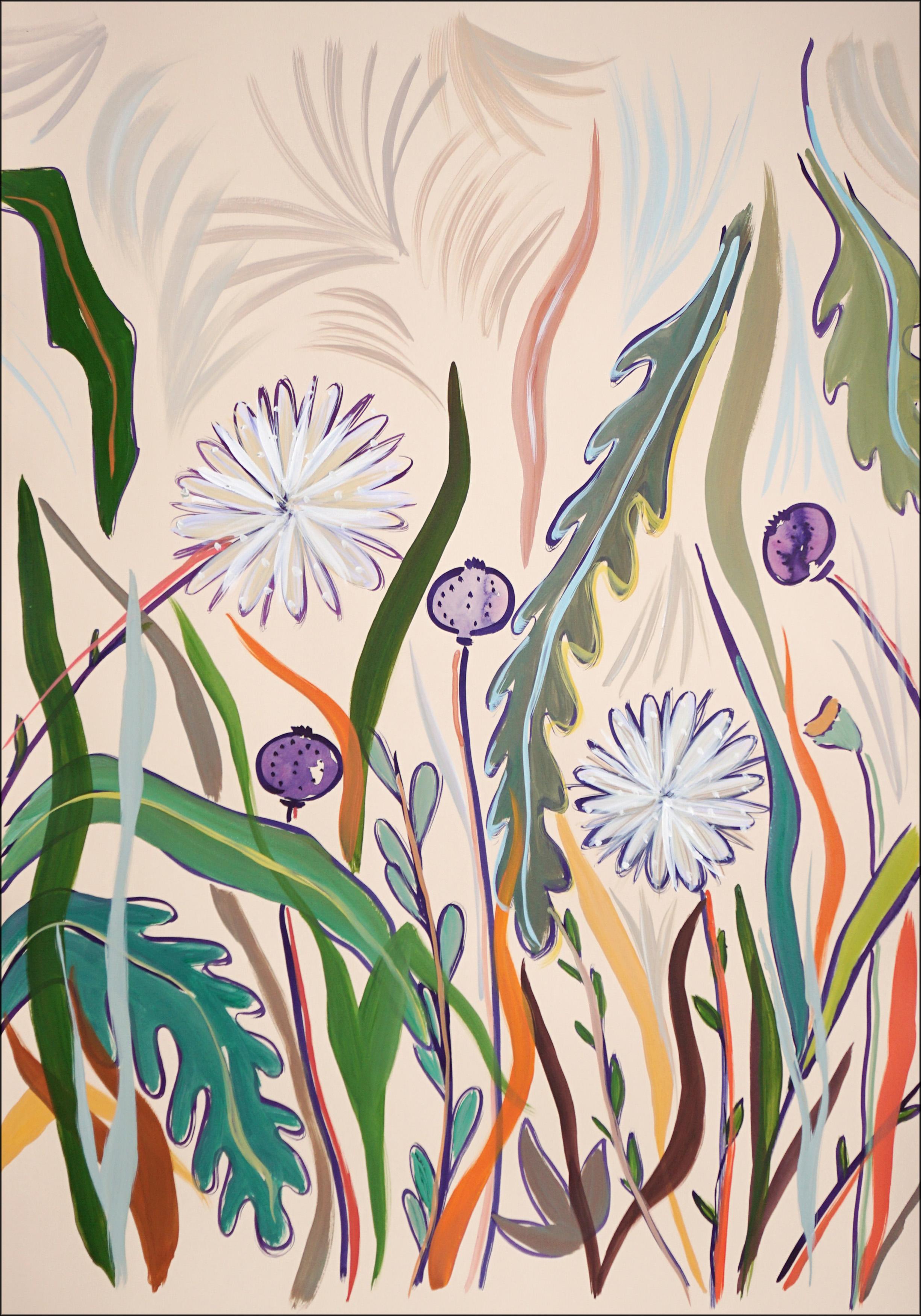 Romina Milano - Wild Dandelion Field, Large Triptych of Wild Flowers, Illustration Style, Nature ...