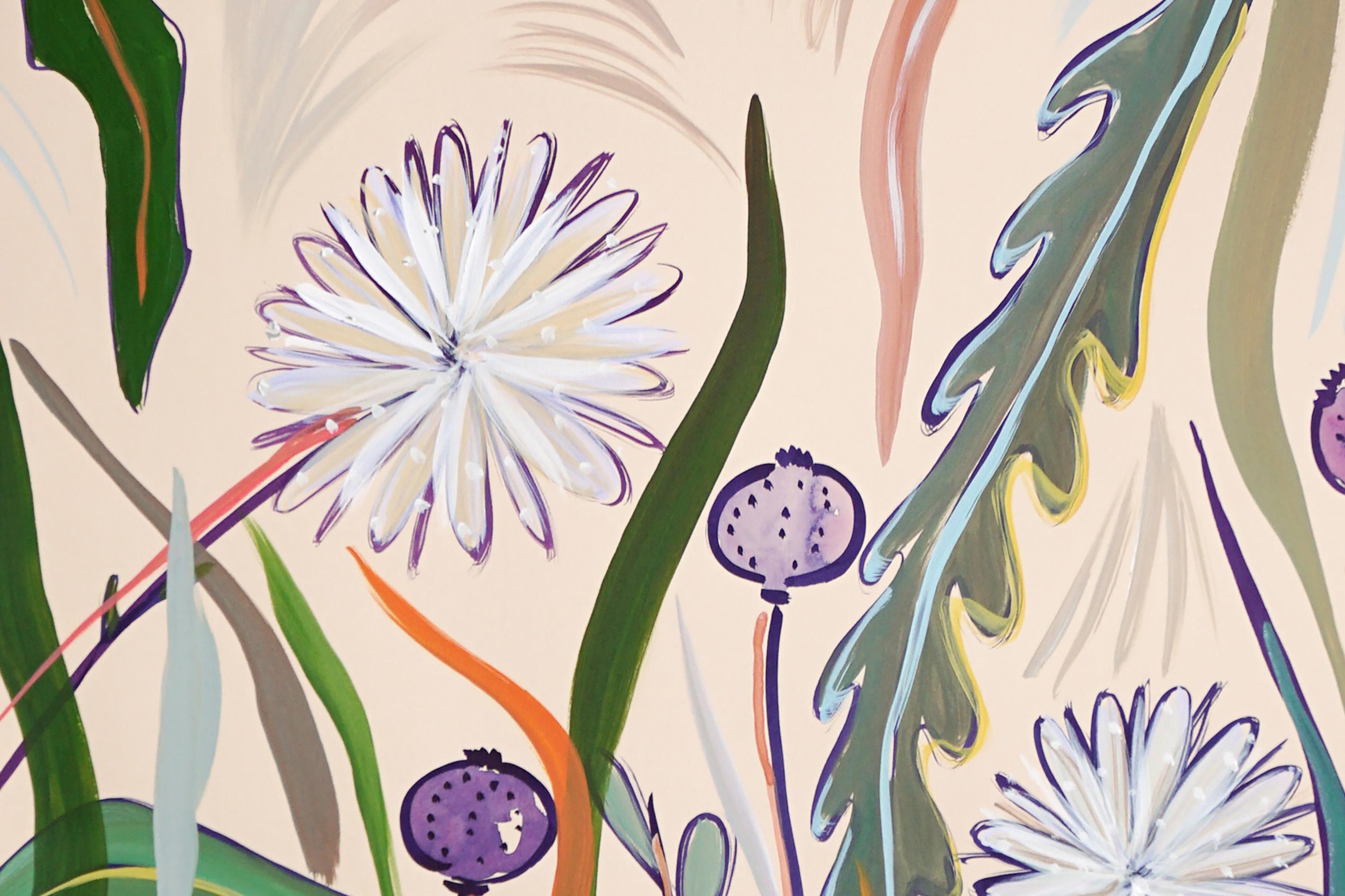 Romina Milano - Wild Dandelion Field, Large Triptych of Wild Flowers, Illustration Style, Nature ...