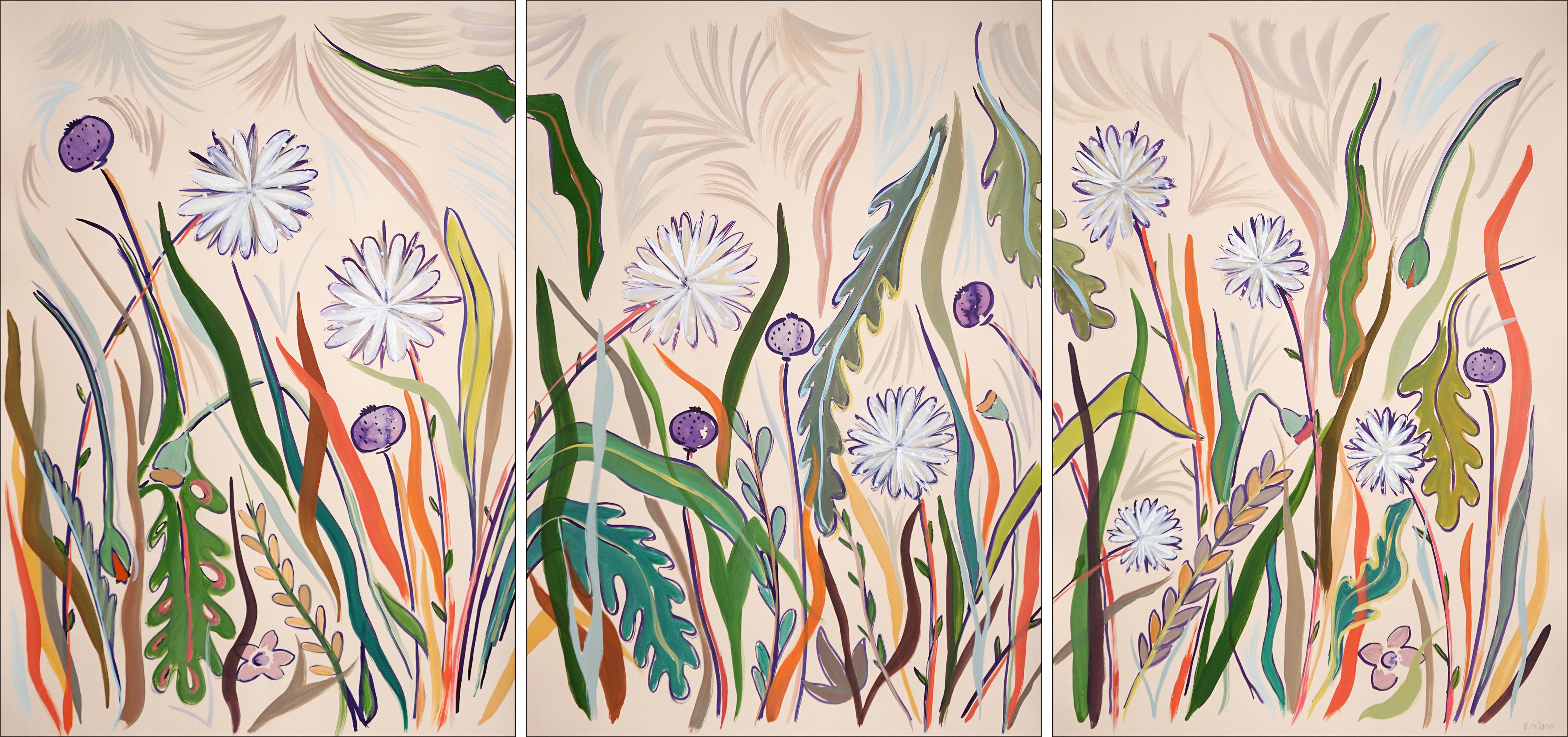 Romina Milano - Wild Dandelion Field, Large Triptych of Wild Flowers, Illustration Style, Nature ...