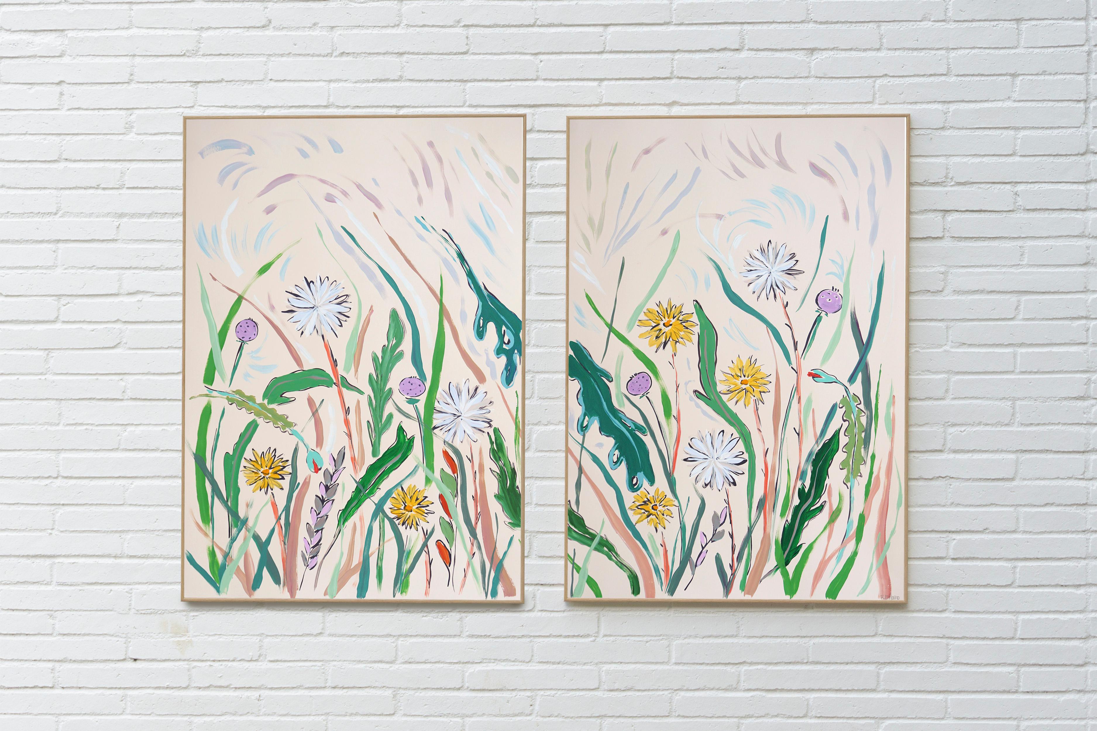 Romina Milano - Yellow, Green Wild Dandelion Field, Countryside Landscape, Spring Large Diptych ...