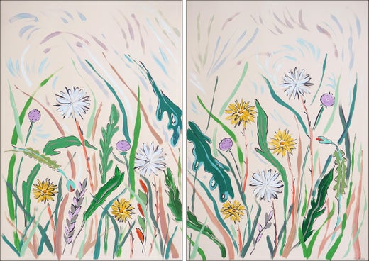 Romina Milano - Hibiscus Oasis Diptych, Orange, Pink, Yellow, Abstract ...