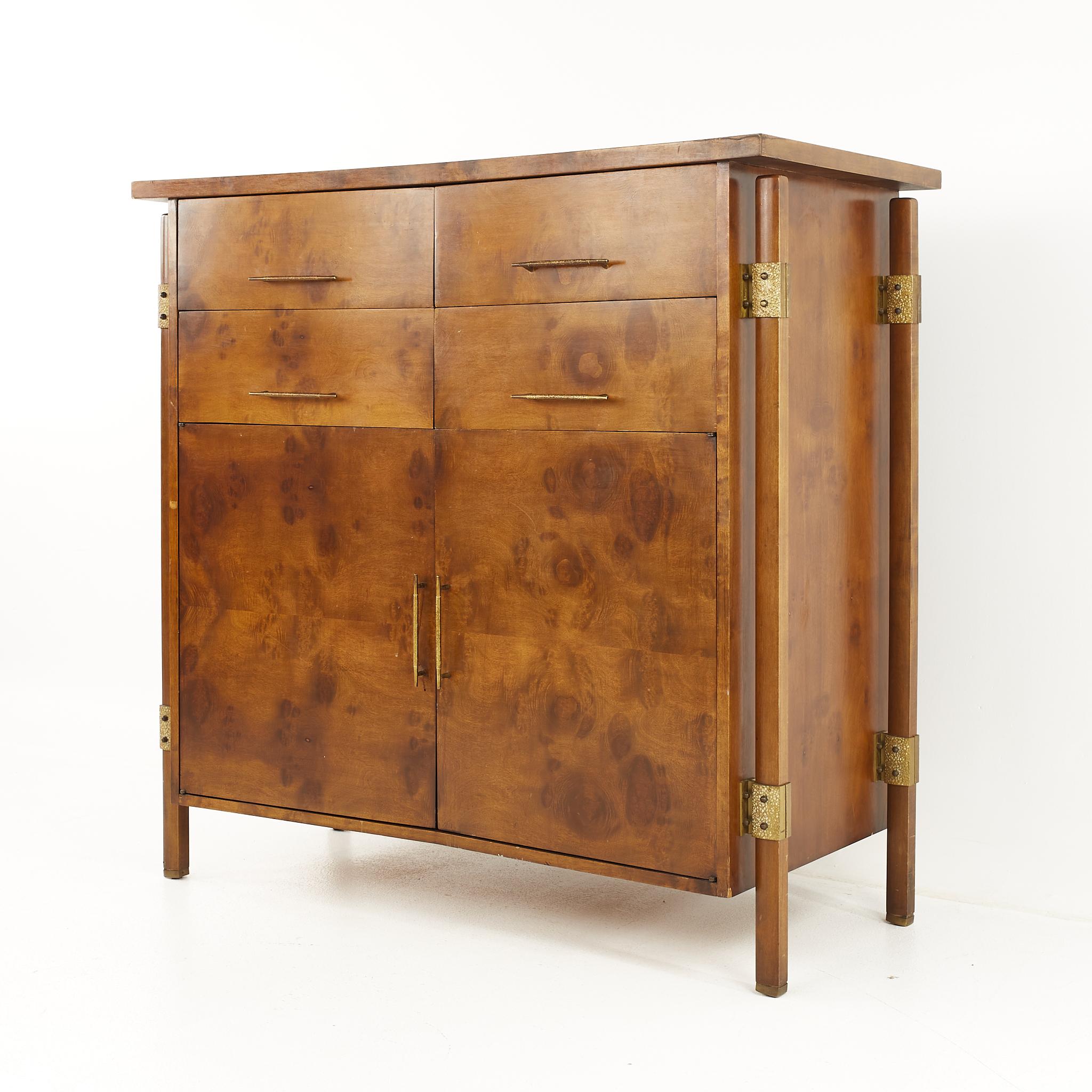 Romweber Mid Century Burlwood and Brass Curved Armoire Highboy Dresser ...