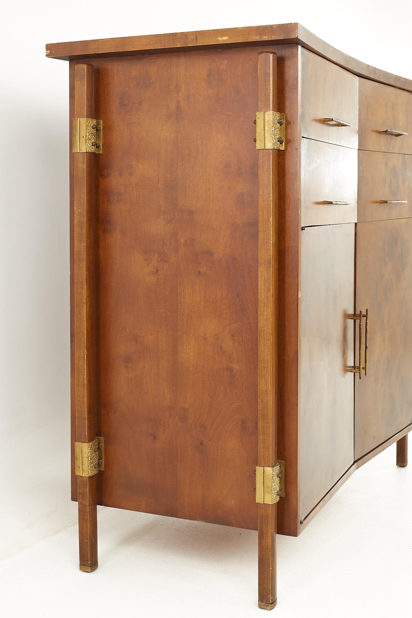 Romweber Mid Century Burlwood and Brass Curved Armoire Highboy Dresser ...