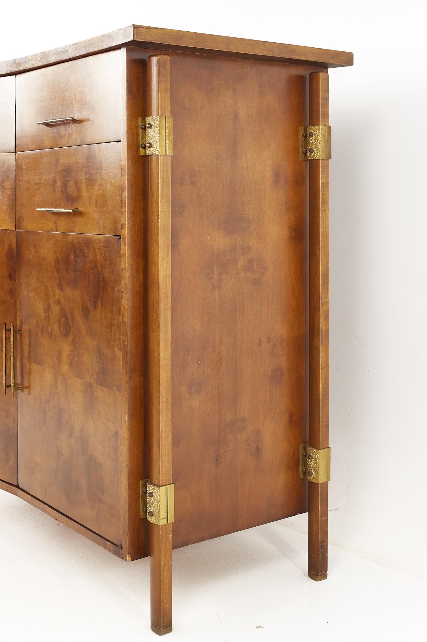 Romweber Mid Century Burlwood and Brass Curved Armoire Highboy Dresser ...