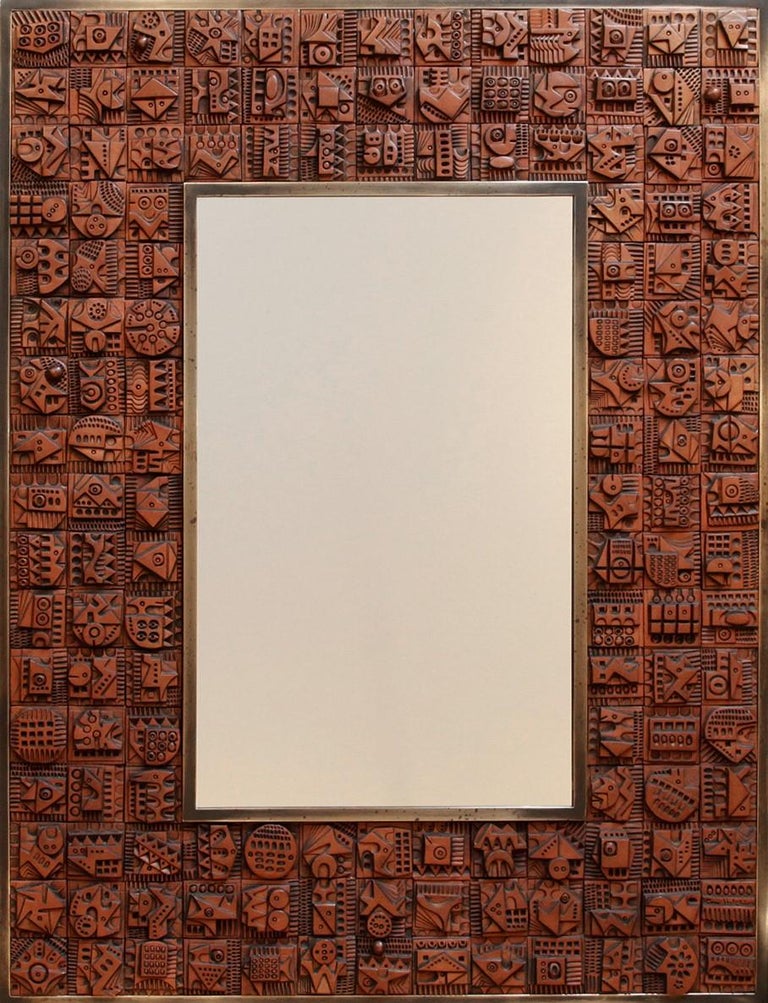 Ron Hitchins - Large Brutalist Mirror with 144 Terracotta Tiles and ...
