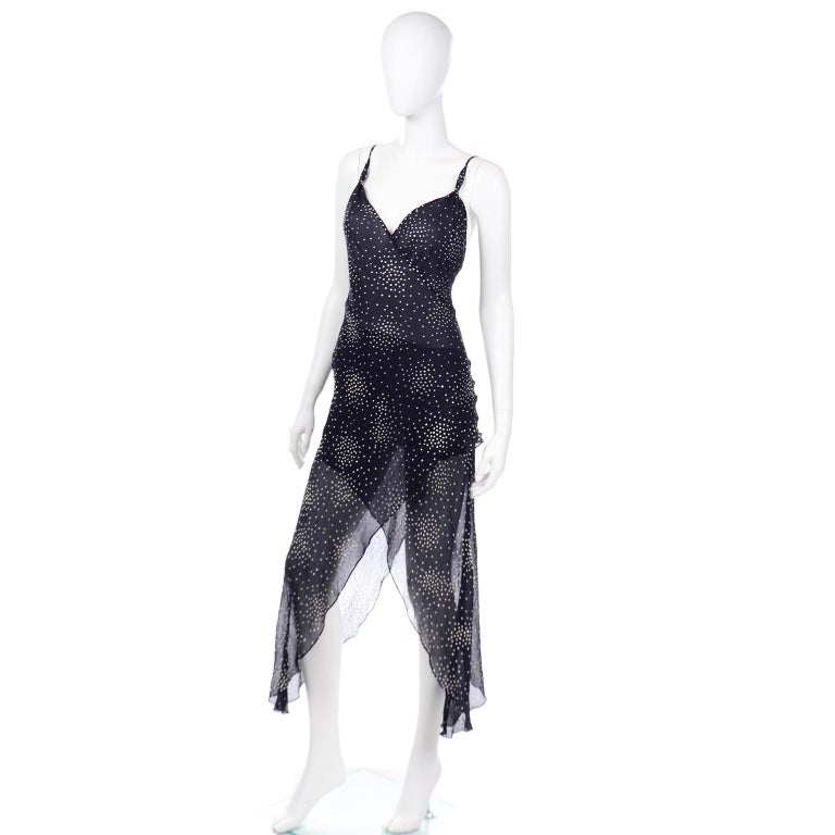 Ronit Zilkha Spring 2001 Navy Blue Shimmer Dot Asymmetrical Slip Dress ...