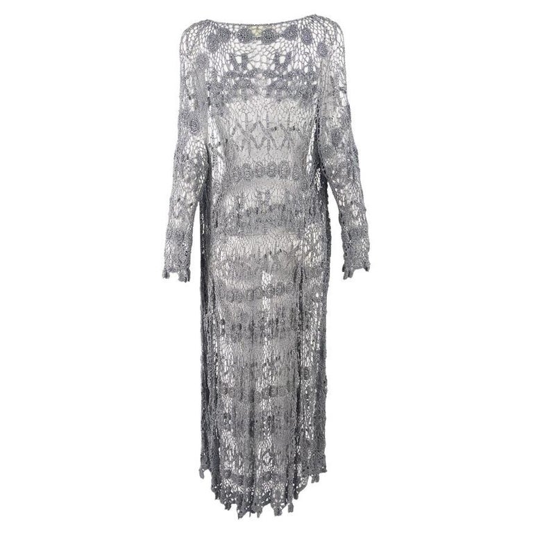 Ronit Zilkha Vintage 2000s Silver Crochet Maxi Coat Y2K Jacket Beaded ...