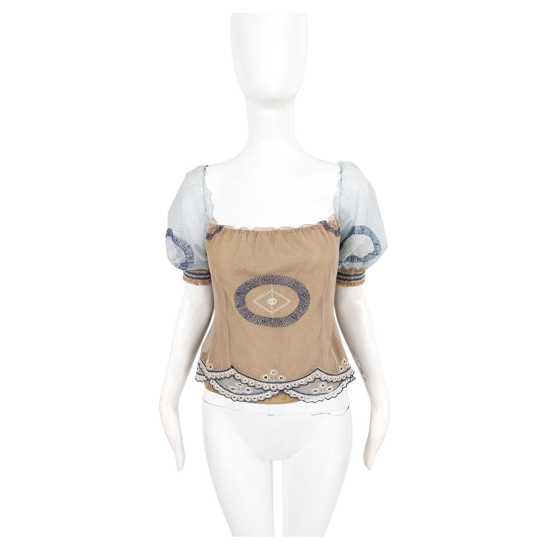 Ronit Zilkha Vintage y2k Nude and Pastel Blue Sheer Mesh Puff Sleeve ...