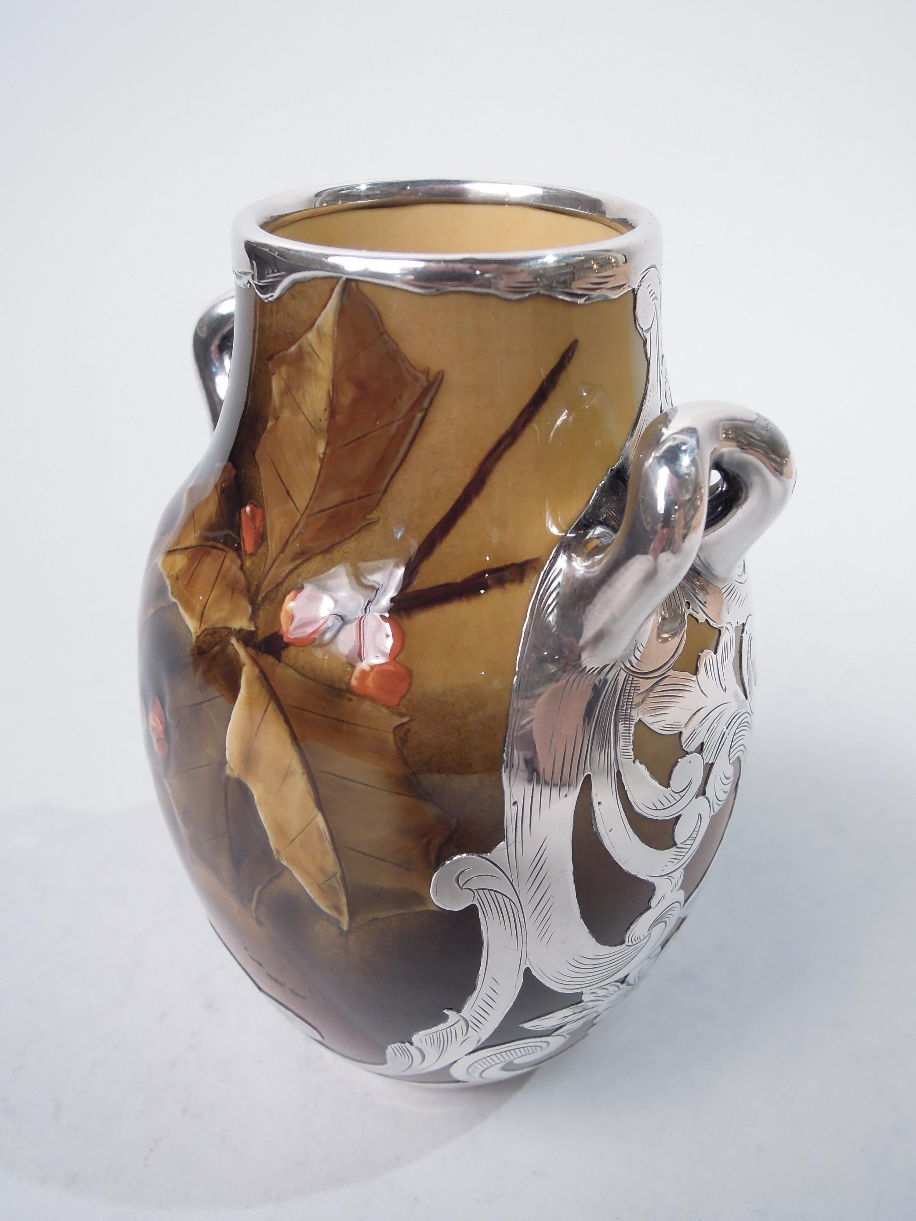 Rookwood Art Nouveau Craftsman Silver Overlay Holly Vase For Sale at ...