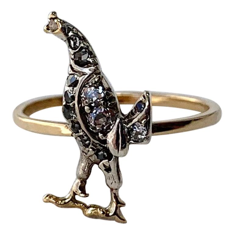 Rooster Chicken Bird Rose Cut Diamond Platinum Ring Victorian Edwardian ...