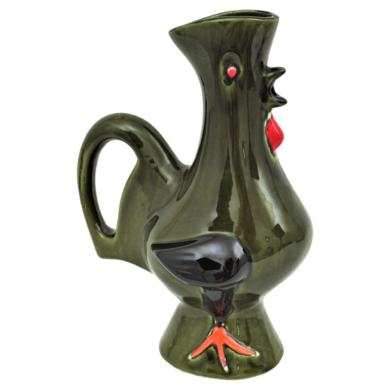 Rooster Green Glazed Ceramic Pitcher, France, 1950s at 1stDibs