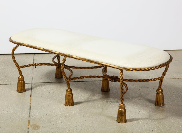 Rope and Tassel Upholstered Gilt Metal Bench For Sale at 1stDibs
