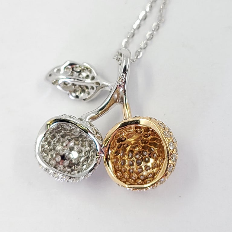 Rose and White Gold Pave Diamond Cherries Pendant Necklace at 1stDibs