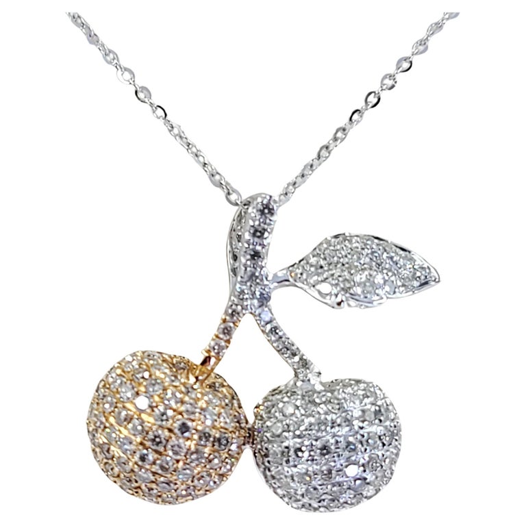 Rose and White Gold Pave Diamond Cherries Pendant Necklace at 1stDibs