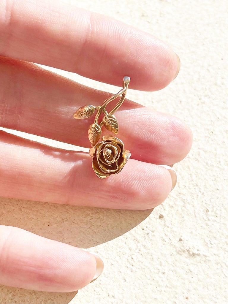 Rose Charm 14KT rose gold pendant HAND carved rose long pendant For ...