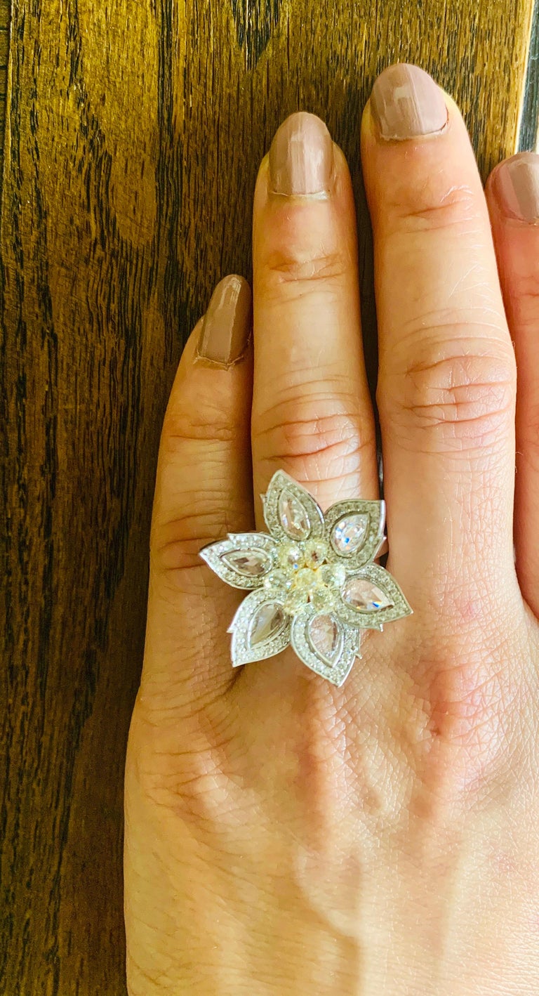 Rose Cut Diamond and Briolette Diamond Flower Ring in 18 Karat White ...