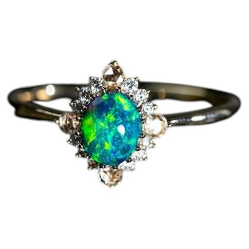 Rose Cut Diamond Black Opal Engagement Ring 14K Yellow Gold For Sale at ...