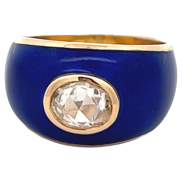 Rose Cut Diamond Blue Enamel 18k Yellow Gold Ring For Sale at 1stDibs