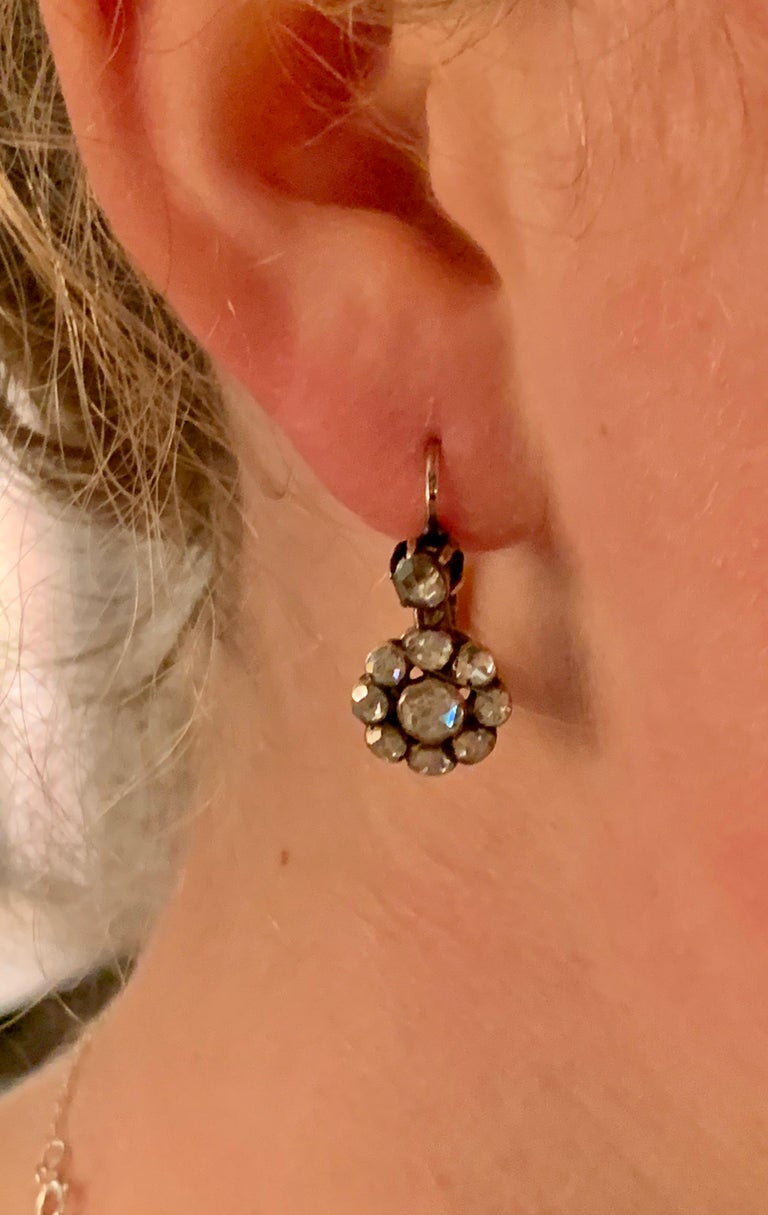 Rose Cut Diamond Lever Back Dangle 9K Gold Earrings at 1stDibs