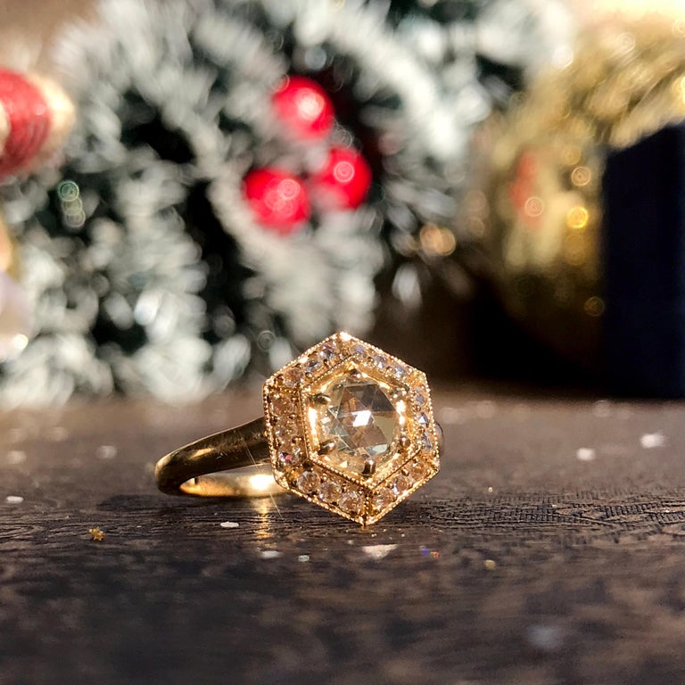 Rose Cut Diamond Vintage Style Hexagon Engagement Ring in 18K Yellow ...