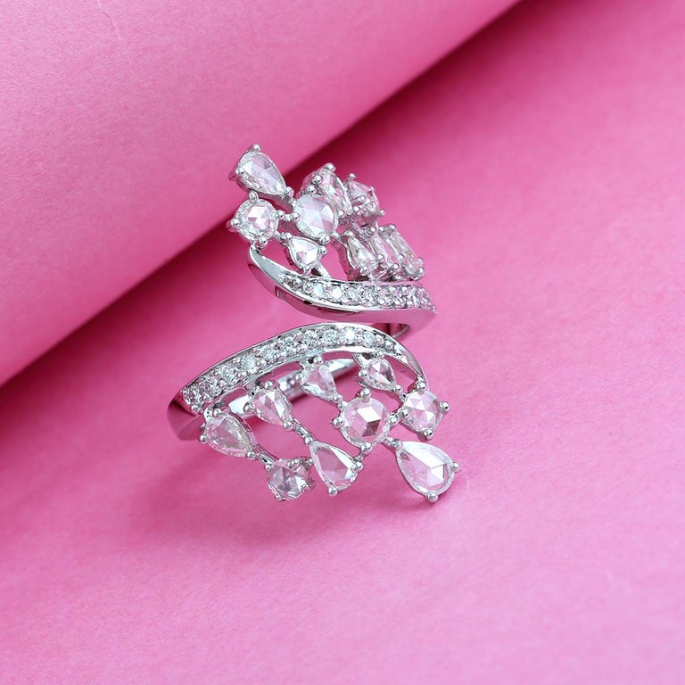 Rose Cut and Pave Diamonds Bypass Ring Made in 14k White Gold For Sale ...