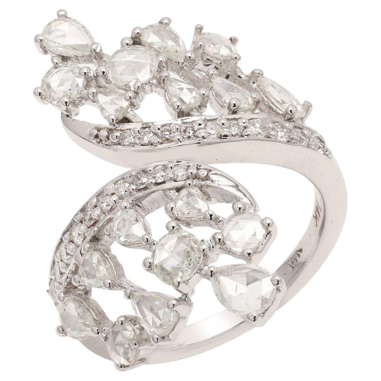 Rose Cut and Pave Diamonds Bypass Ring Made in 14k White Gold For Sale ...