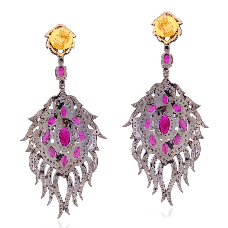 Rose Cut Ruby Dangle Earrings with Pave Diamonds Made in 18k Gold and ...