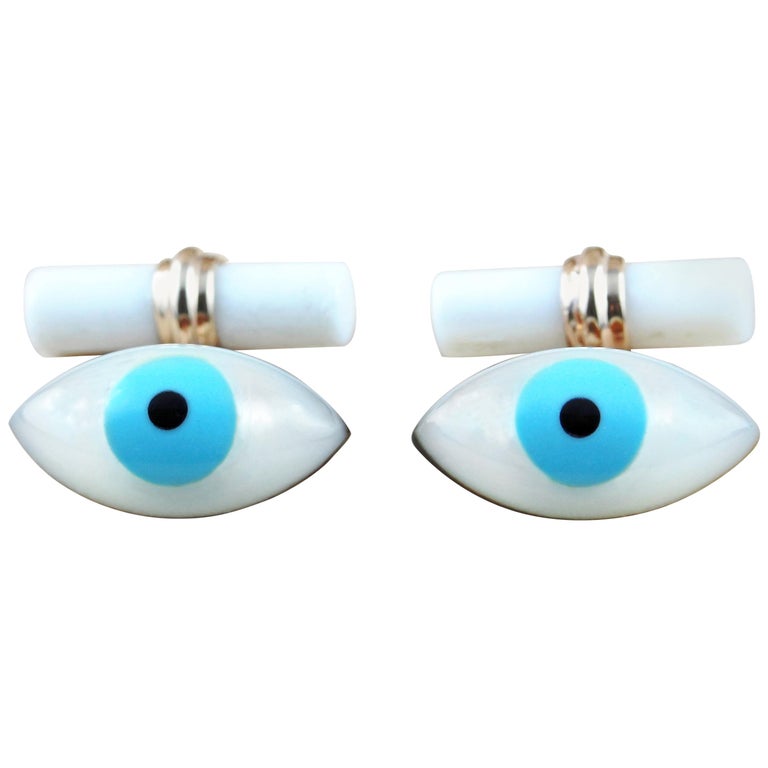 Rose Gold Amulet Evil Eye Mother of Pearl Turquoise Onyx Cufflinks For ...