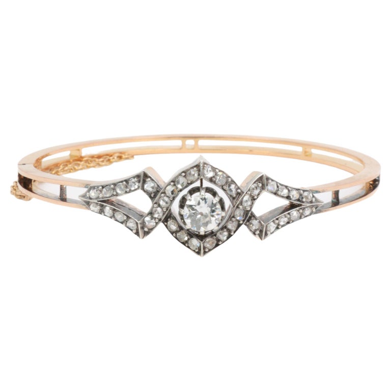 Rose Gold Antique Bangle Bracelet Set with Old Mine Cut Diamonds, Late ...