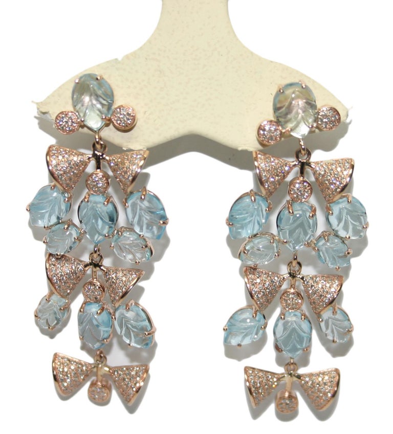 Rose Gold Aquamarine and Diamond Post Dangle Earrings For Sale (Free ...