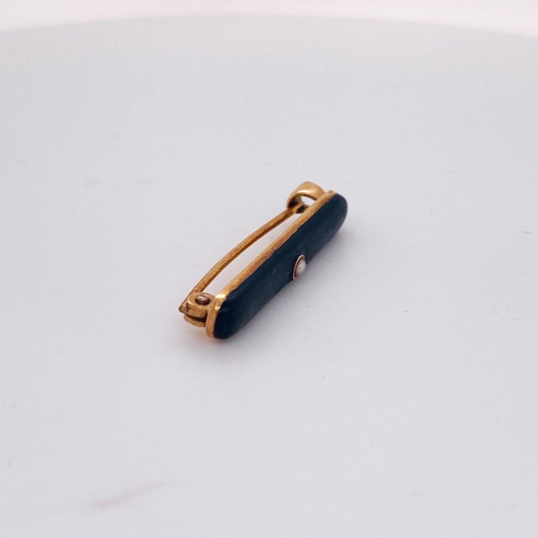 Rose Gold Bar Pin or Brooch w Black Enamel and Pearl For Sale at 1stDibs
