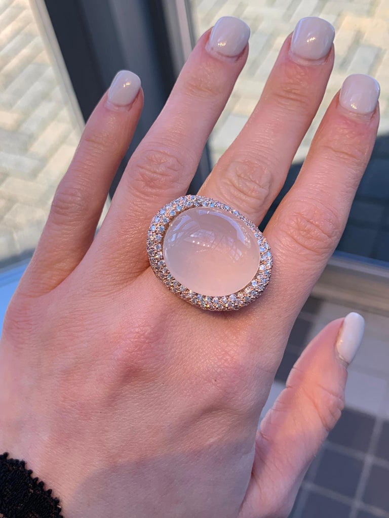Rose Gold Cabochon Rose Quartz and Diamond Large Cocktail Ring at 1stDibs