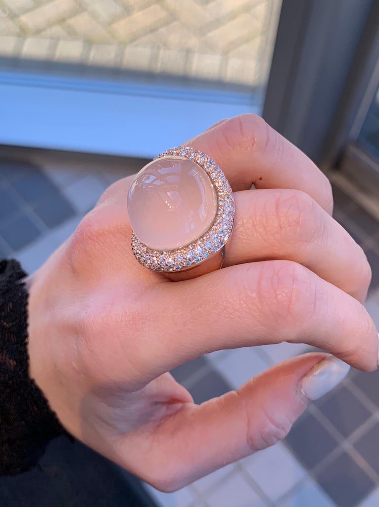 Rose Gold Cabochon Rose Quartz and Diamond Large Cocktail Ring at 1stDibs