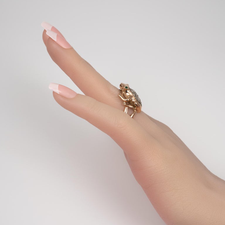 Rose Gold Diamond Emerald Frog Ring Vintage 1970s Fashion Jewelry at ...