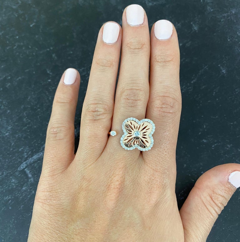 Rose Gold Diamond Flower Clover Open Shank Toi et Moi Fashion Ring 14K ...