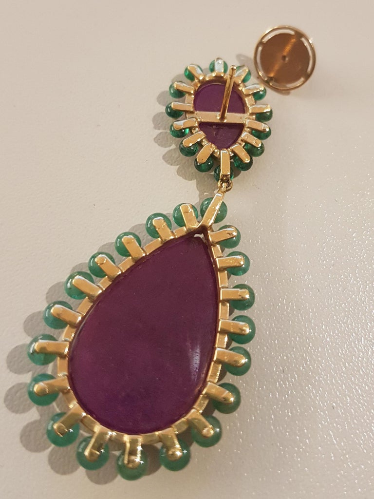 Rose Gold Diamond Slice Ruby Emerald Drop Earrings For Sale at 1stDibs