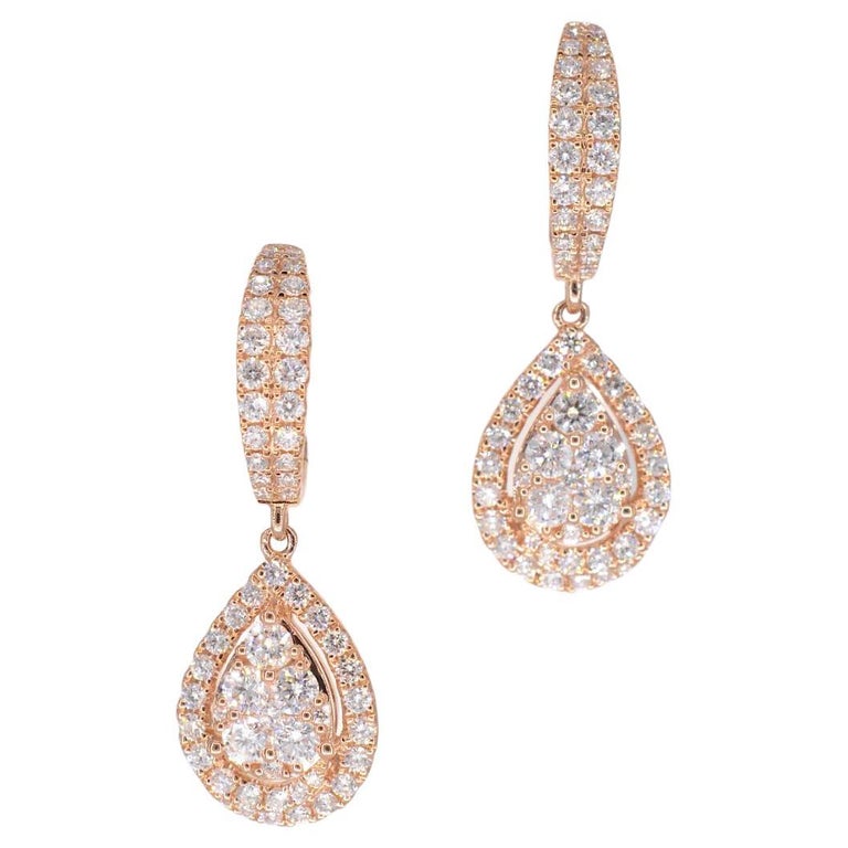 Rose gold drop-shaped earrings with brilliant cut diamonds For Sale at ...