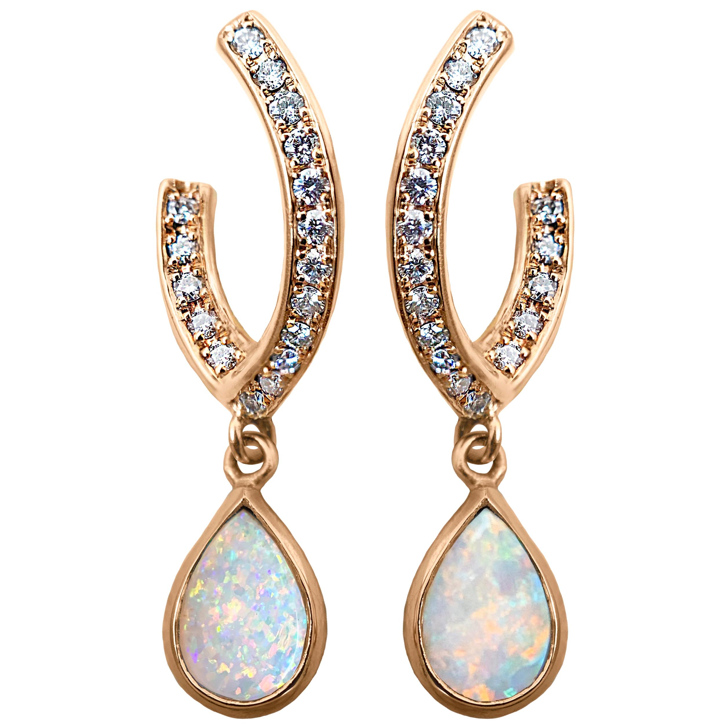 Rose Gold Pave Diamond Opal Drop Earrings at 1stDibs