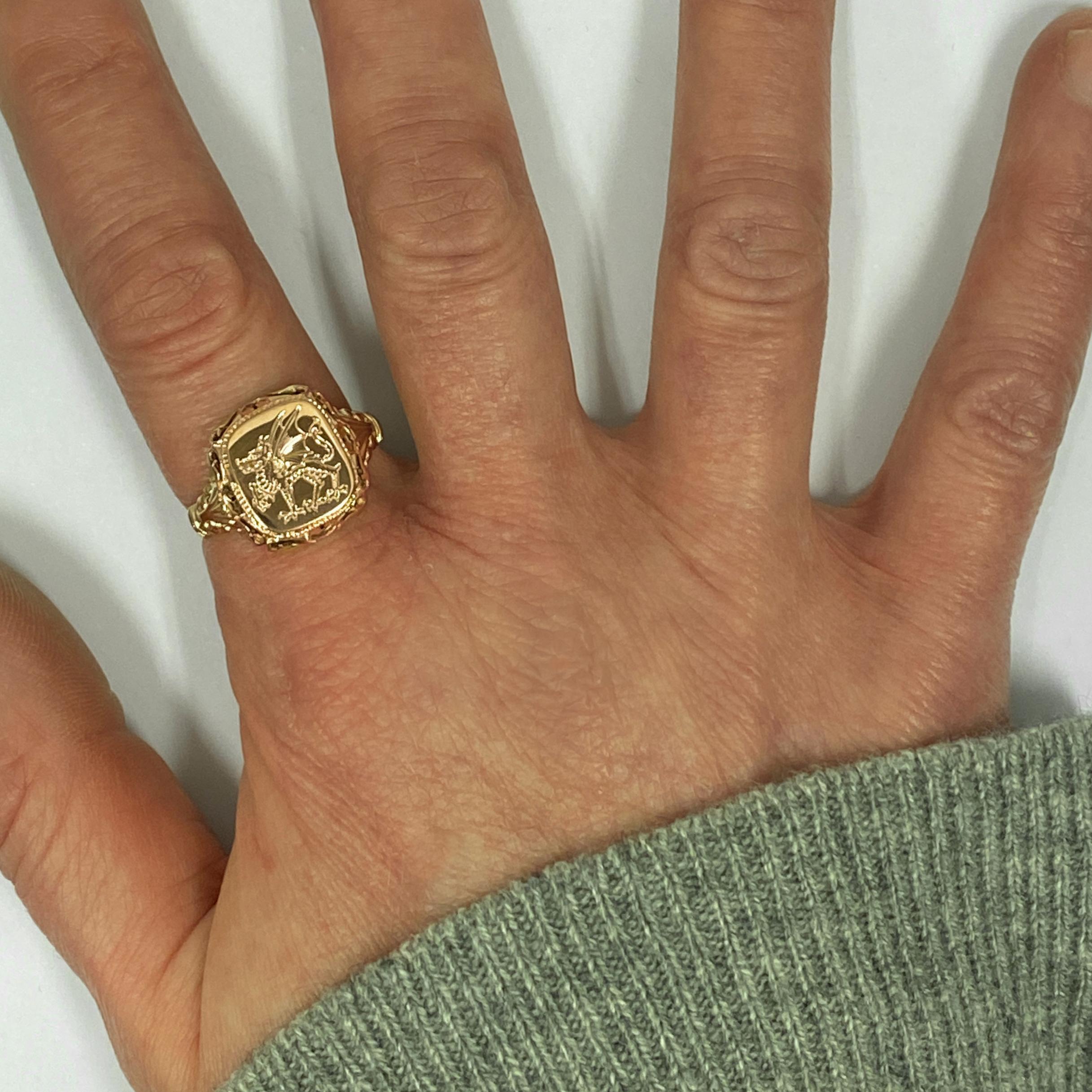 Rose Gold Signet Ring with Hand-Engraved Dragon Passant at 1stDibs