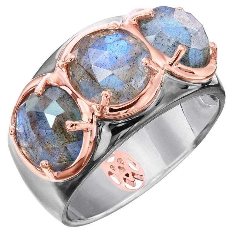 Rose Gold and Sterling Silver Wide Band Ring with Rose Cut Labradorite ...