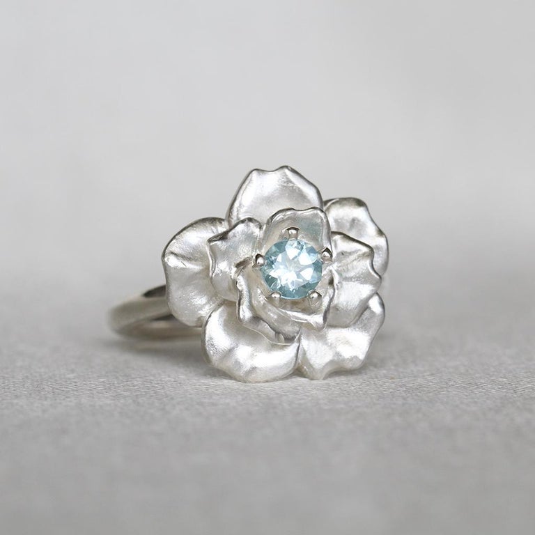 Customizable Rose in Bloom Ring/ Aquamarine For Sale at 1stDibs