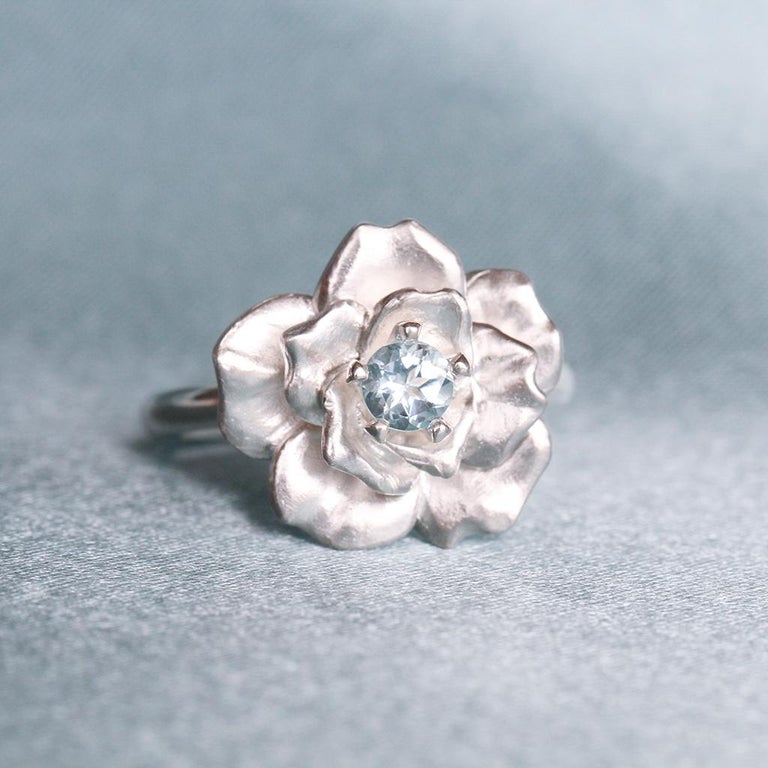Customizable Rose in Bloom Ring/ Aquamarine For Sale at 1stDibs