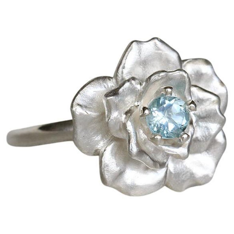 Customizable Rose in Bloom Ring/ Aquamarine For Sale at 1stDibs