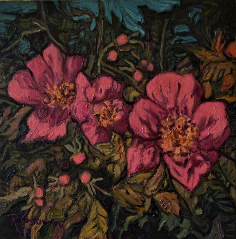 Rose Marie Kossowan - Wild Rose Bush, Painting, Oil on Canvas For Sale ...